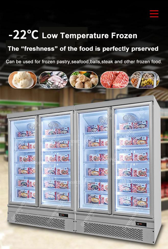 Rapid Frozen Glass Doors Upright Commercial Freezer Display For Supermarket