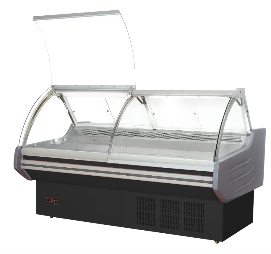 Curved Flip Up Glass Door Meat Display Refrigerator For Butchery Shops ...